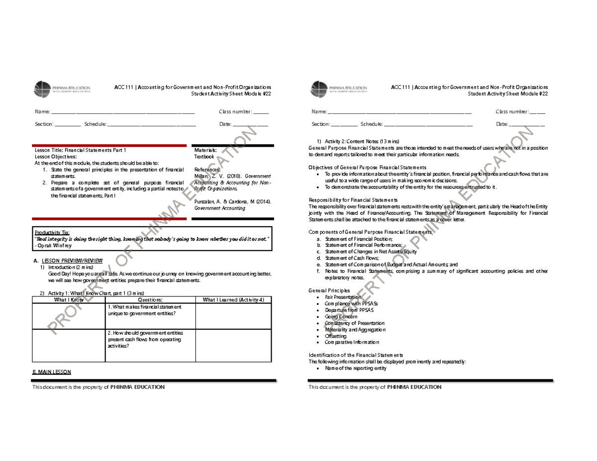 SAS#22-ACC 111: Student Activity Sheet on Financial Statements - Studocu
