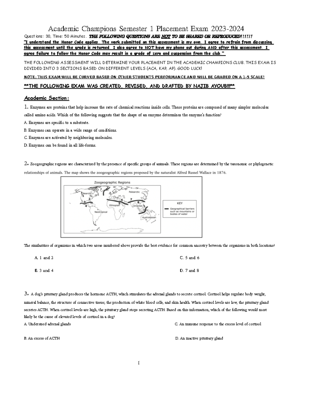 Biology Exam Practice - Academic Champions Semester 1 Placement Exam ...