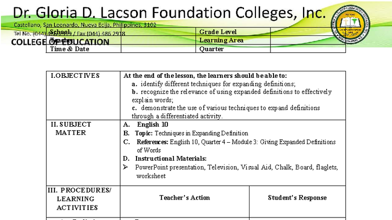English 10 Lesson Plan: Techniques for Expanding Definitions - Studocu