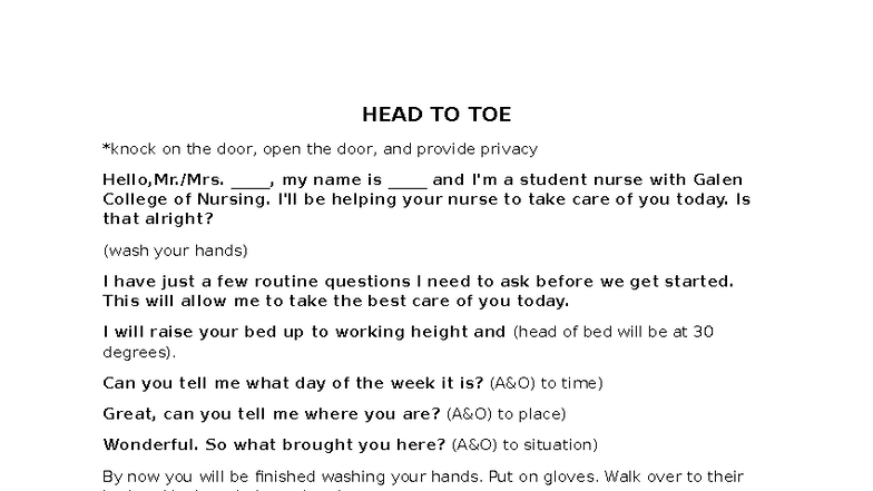 3160 H2T: Comprehensive Head-to-Toe Physical Assessment Guide - Studocu