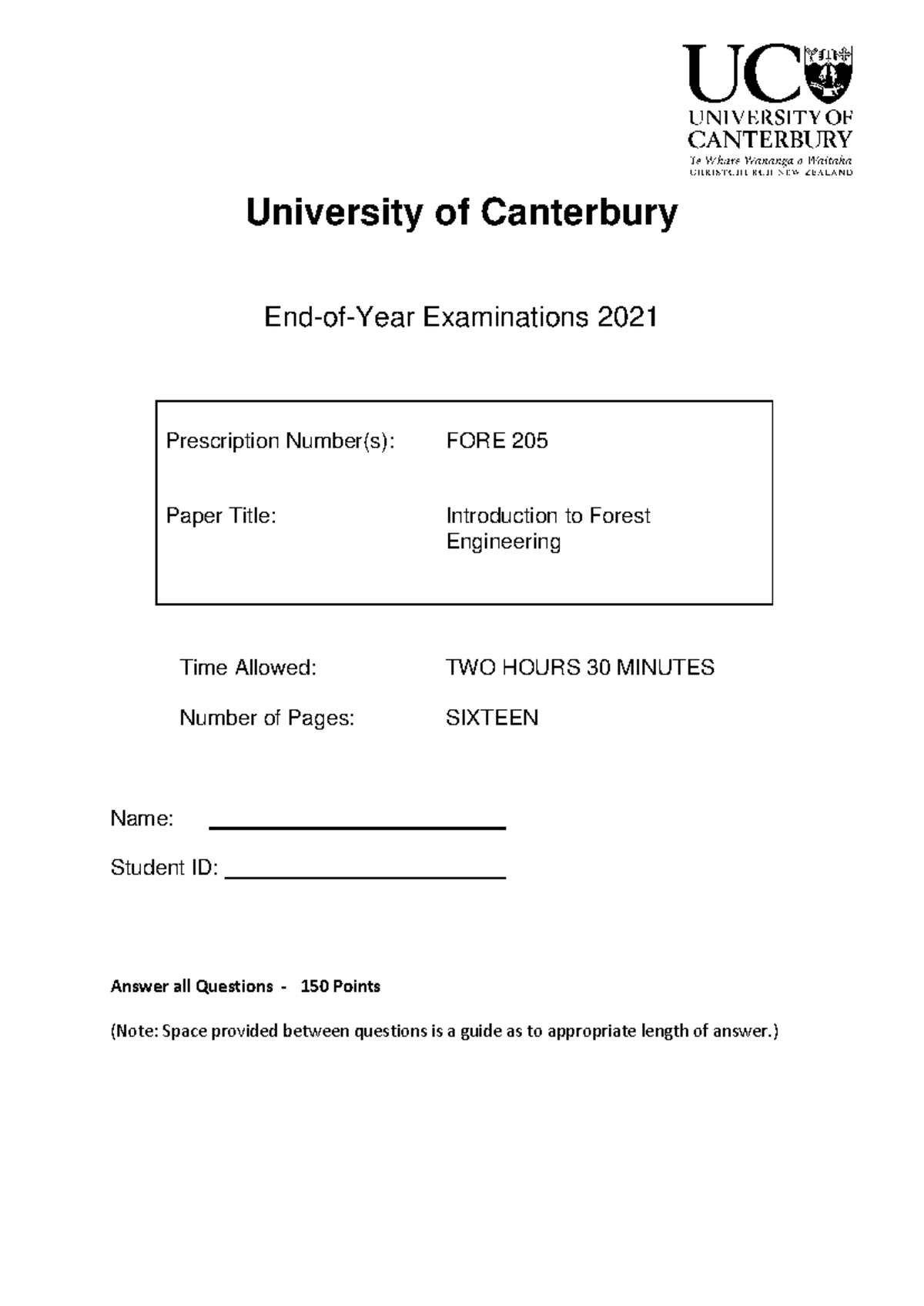 FORE 205 Final Exam 2021 - Introduction to Forest Engineering - Studocu