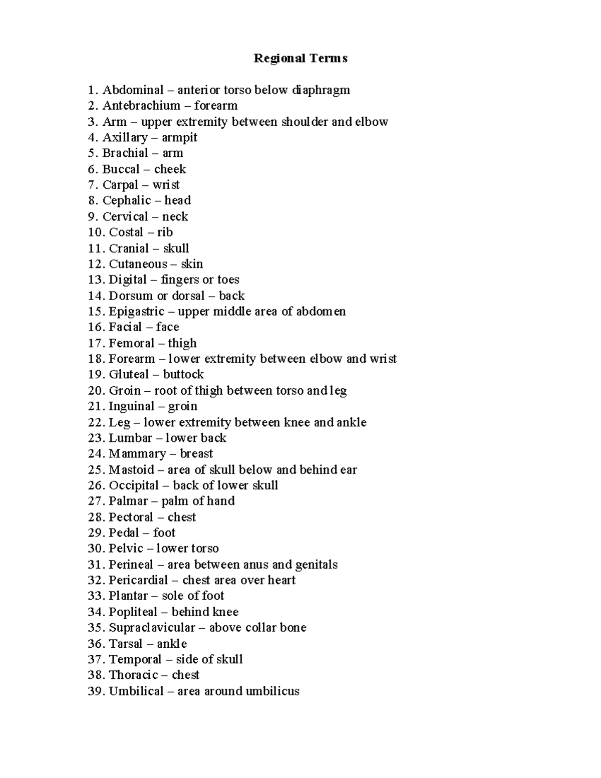 Regional Terms - Must Know Learning Objectives for Anatomy - Studocu