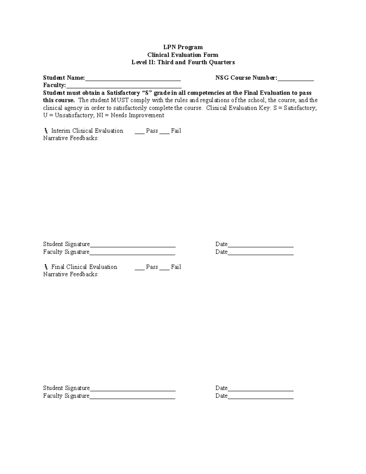 LPN Clinical Evaluation Form Level II Q3 Q4 - LPN Program Clinical ...
