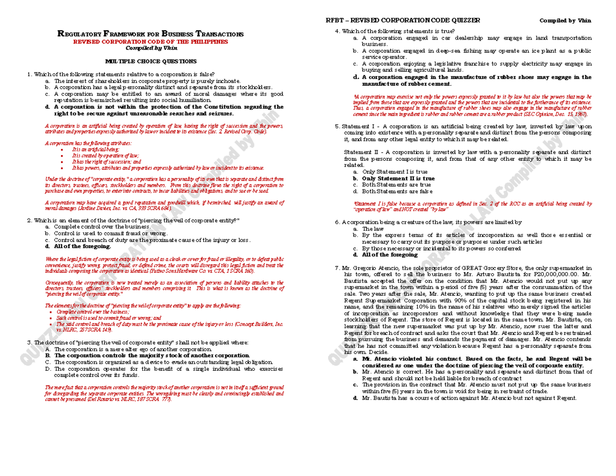 RCC Quizzerrrr test bank - REGULATORY FRAMEWORK FOR BUSINESS ...