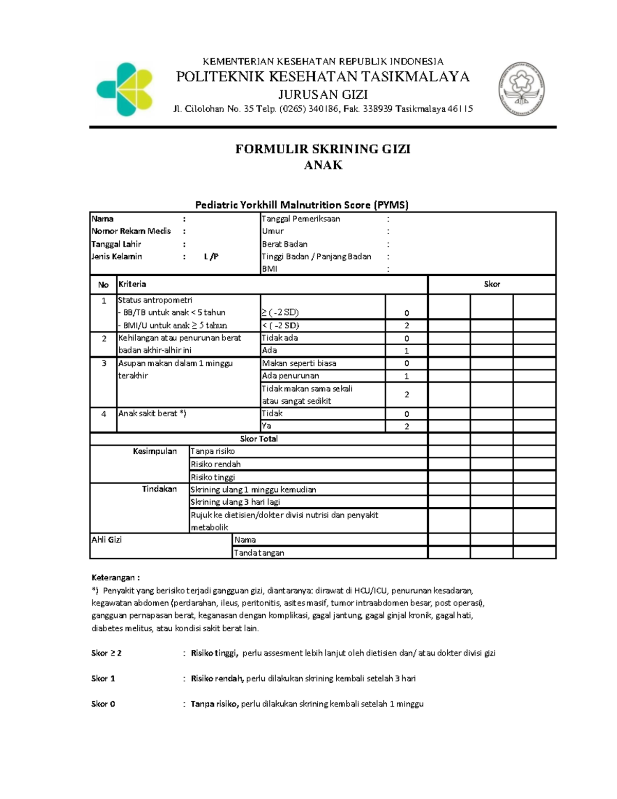 FORMULIR SKRINING GIZI ANAK - PYMS - KEMKES RI - POLTEKES TASIKMALAYA - Studocu