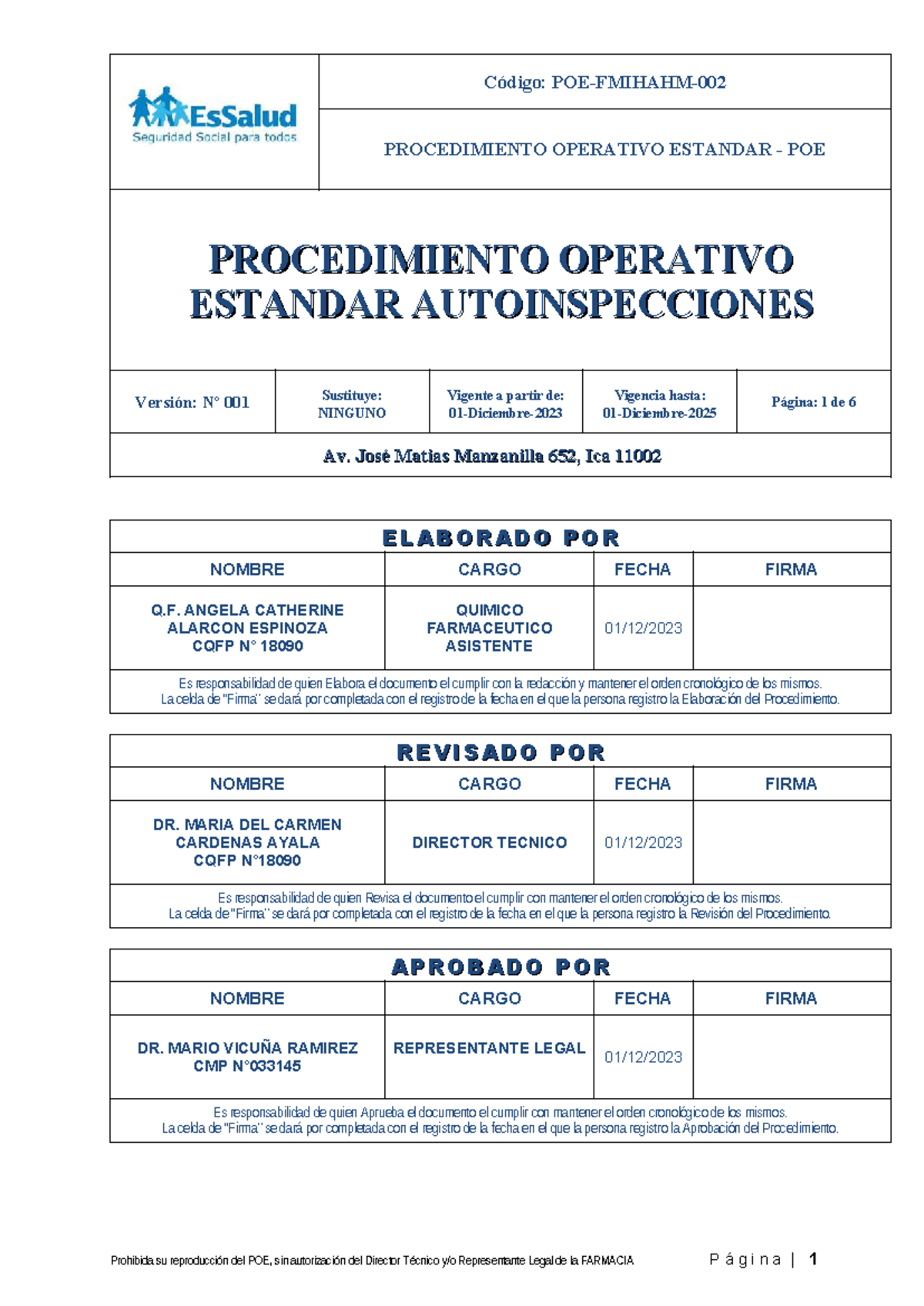 POE 001: Procedimiento Operativo Estándar de Autoinspecciones - Studocu