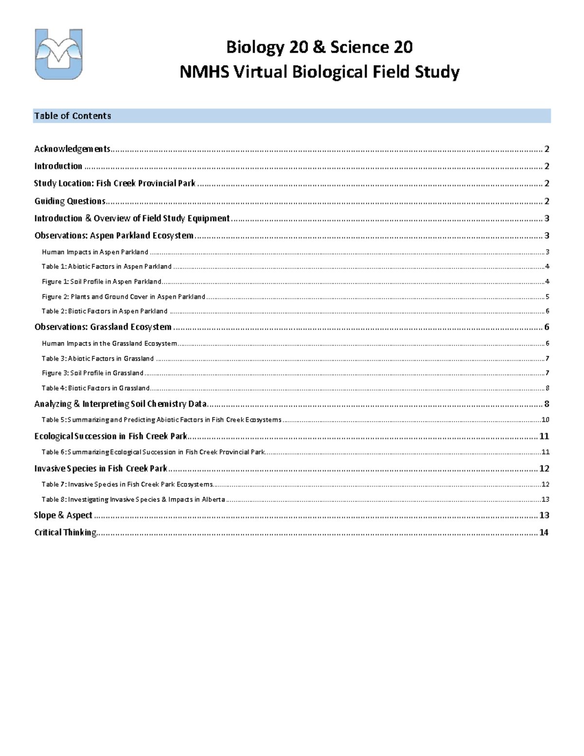 Biology 20 Science 20 NMHS Virtual Field Study: Ecosystem Analysis ...