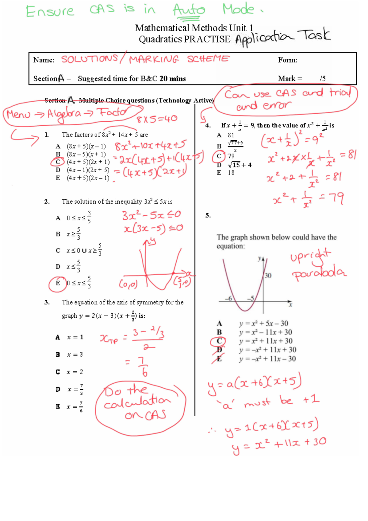 11MM Quadratics Practice Test Solutions - Unit 1 - Studocu