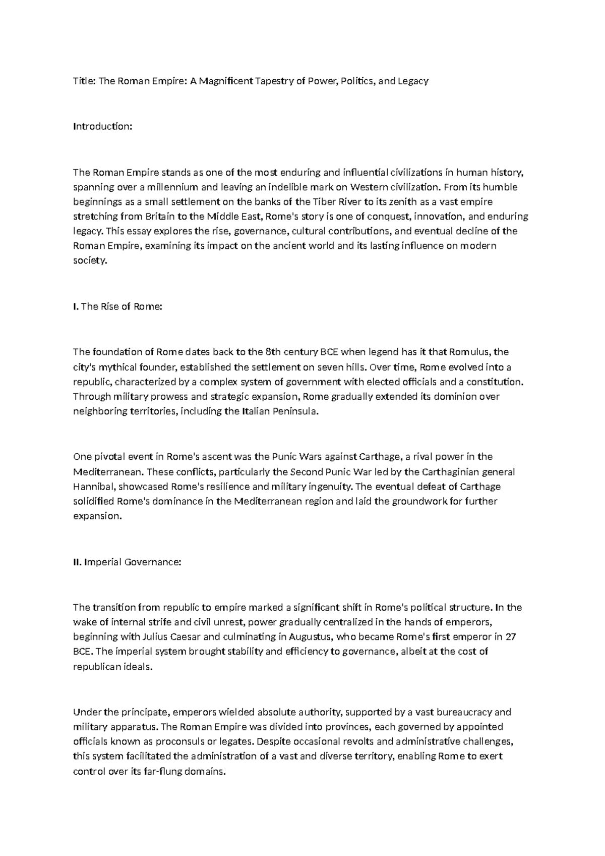 The Roman Empire: Politics, Culture, and Legacy Exploration - Studocu