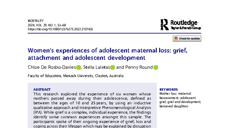 MORTALITY 2024, VOL. 29, NO. 1: Adolescent Maternal Loss and Grief ...