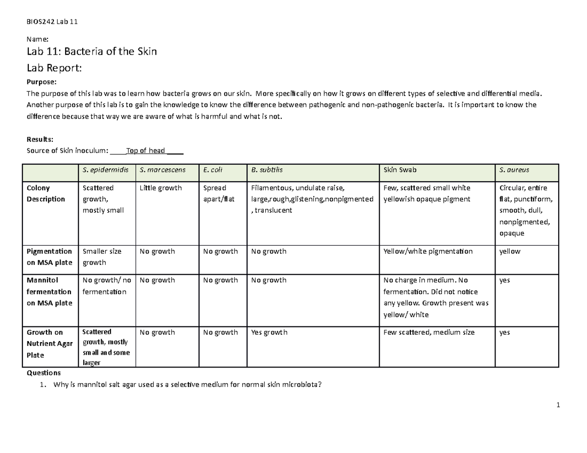 BIOS242 Lab 11 Report: Skin Bacteria Growth Analysis - Studocu