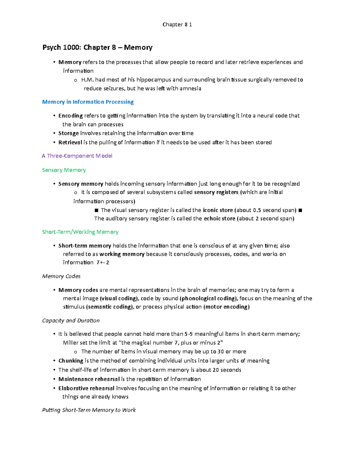 Psych 1000: Chapter 8 - Understanding Memory Processes and Mechanisms ...