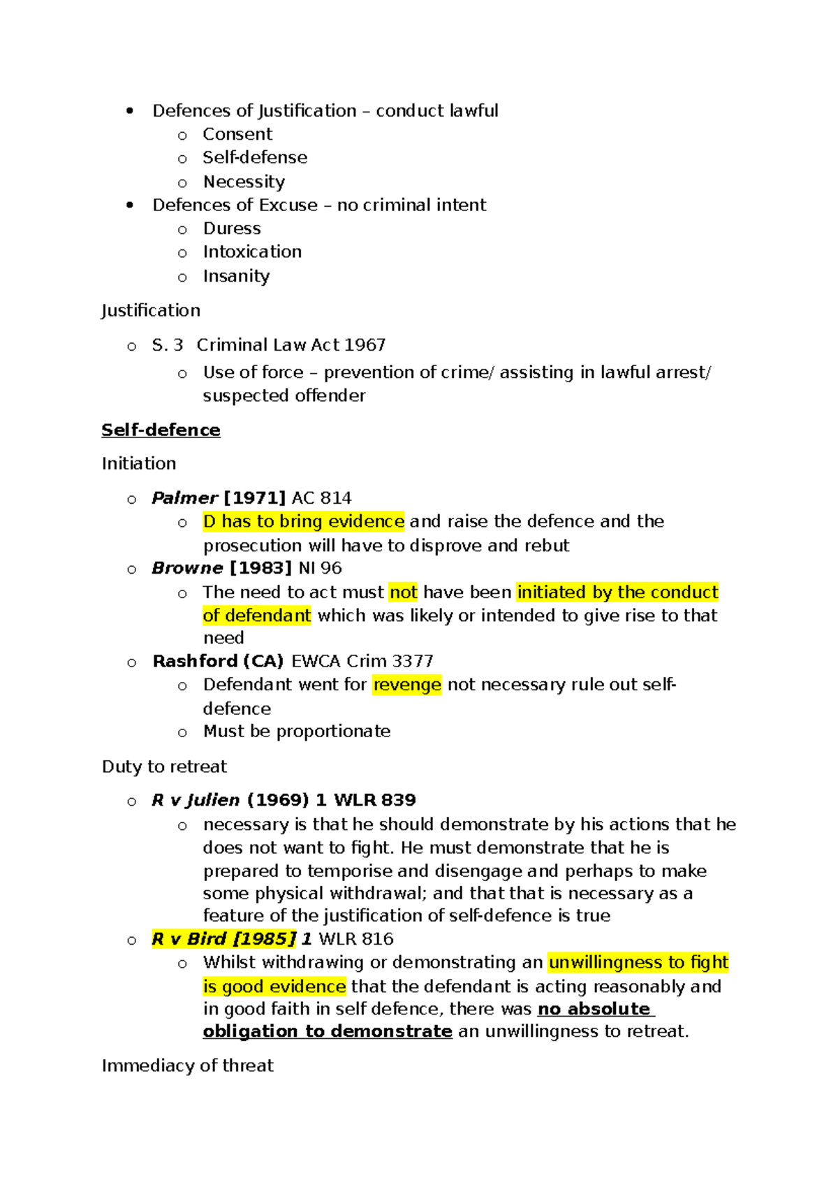 Defences UK Notes - defence of murder - Defences of Justification ...