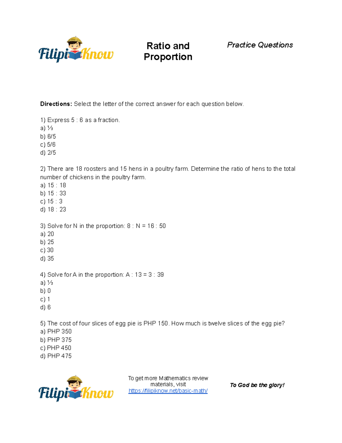 Ratio and Proportion Practice Questions for Math 101 Review - Studocu
