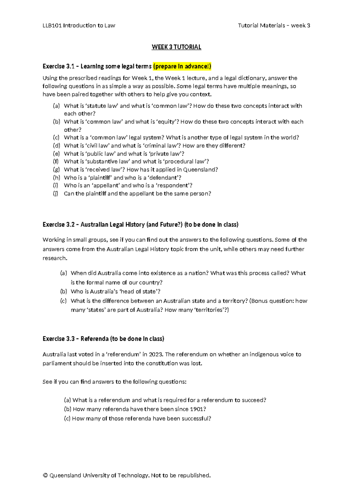 LLB101 Week 3 Tutorial Activities: Legal Terms & Australian History ...
