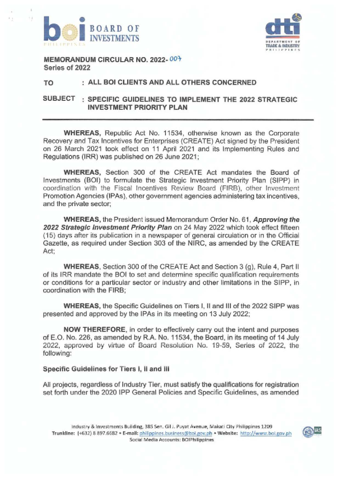 2022 SIPP Memo Circular No. 2022-007: Implementation Guidelines - Studocu