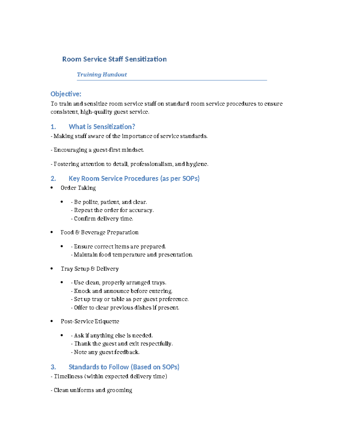 Room Service Staff Training Handout: SOPs & Best Practices - Studocu