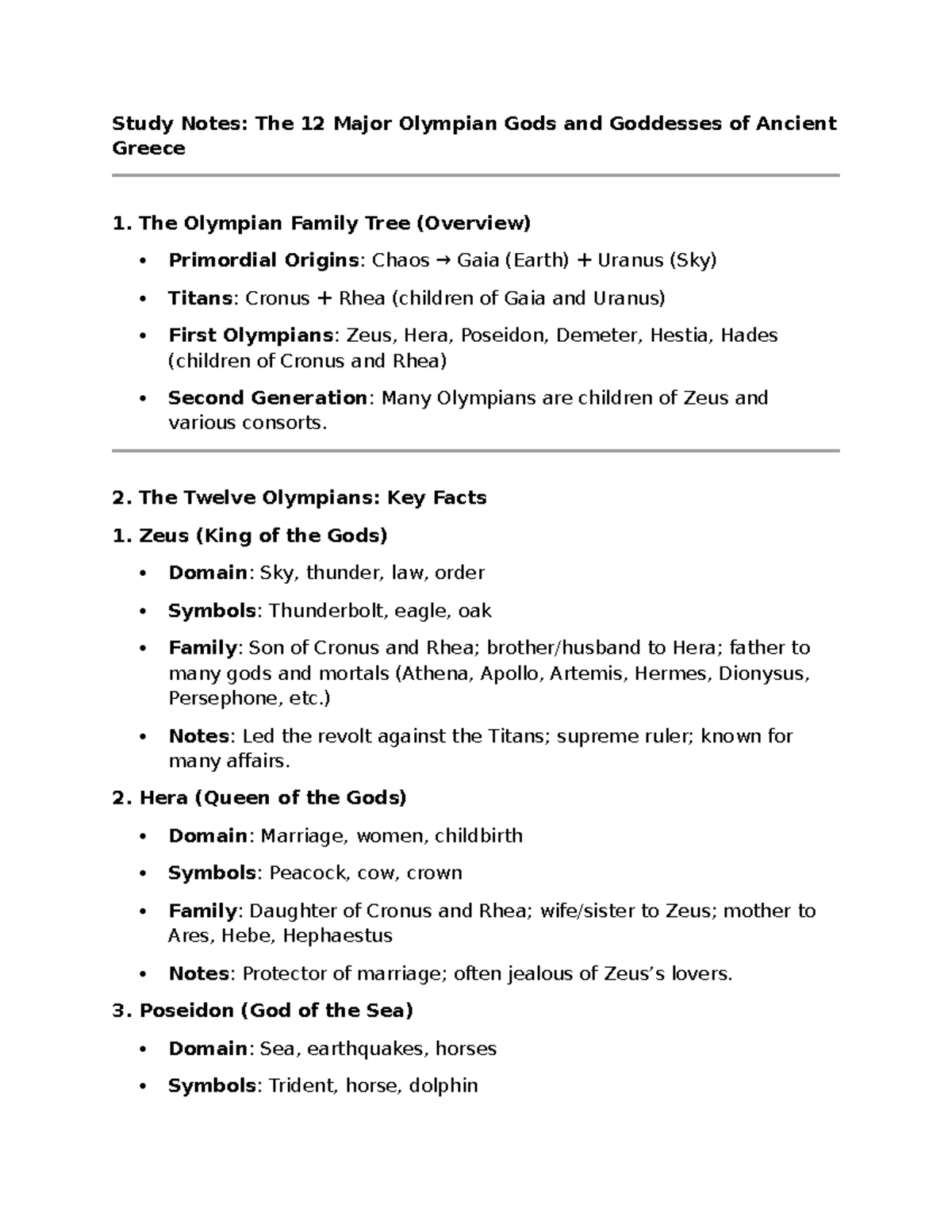 Classical Mythology Exam 1 Study Notes: The 12 Olympian Gods ...