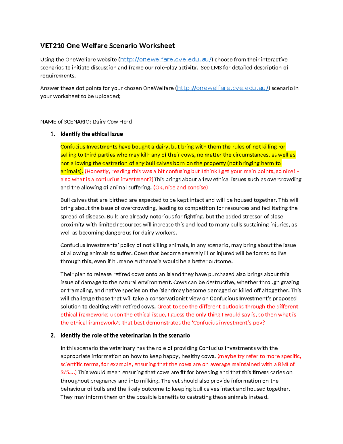One welfare scenario Worksheet - Peer Review - VET210 One Welfare ...