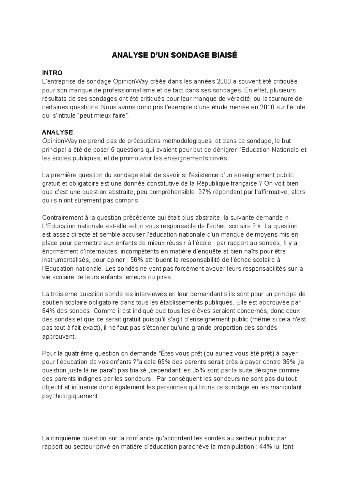 Analyse D’UN Sondage Biaisé - ANALYSE D’UN SONDAGE BIAISÉ INTRO L ...