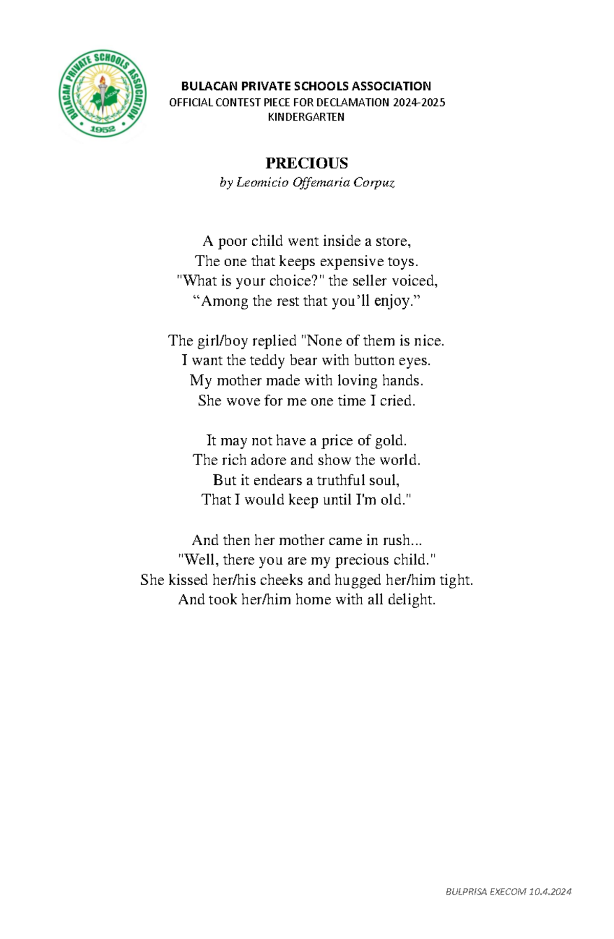 Official Contest Pieces for Declamation 2024-2025 by Level - Studocu