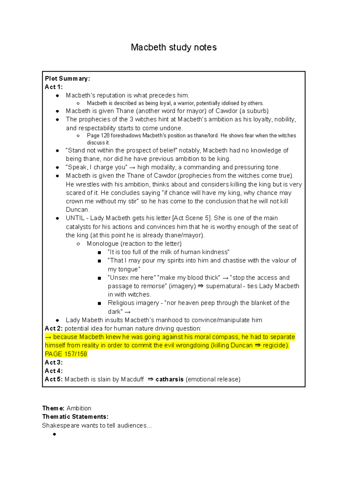Macbeth Study Notes: Plot Summary & Themes Analysis - Studocu