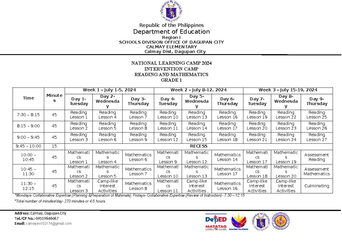 NLC- Class Schedule- Calmay ES - Department of Education Region I ...