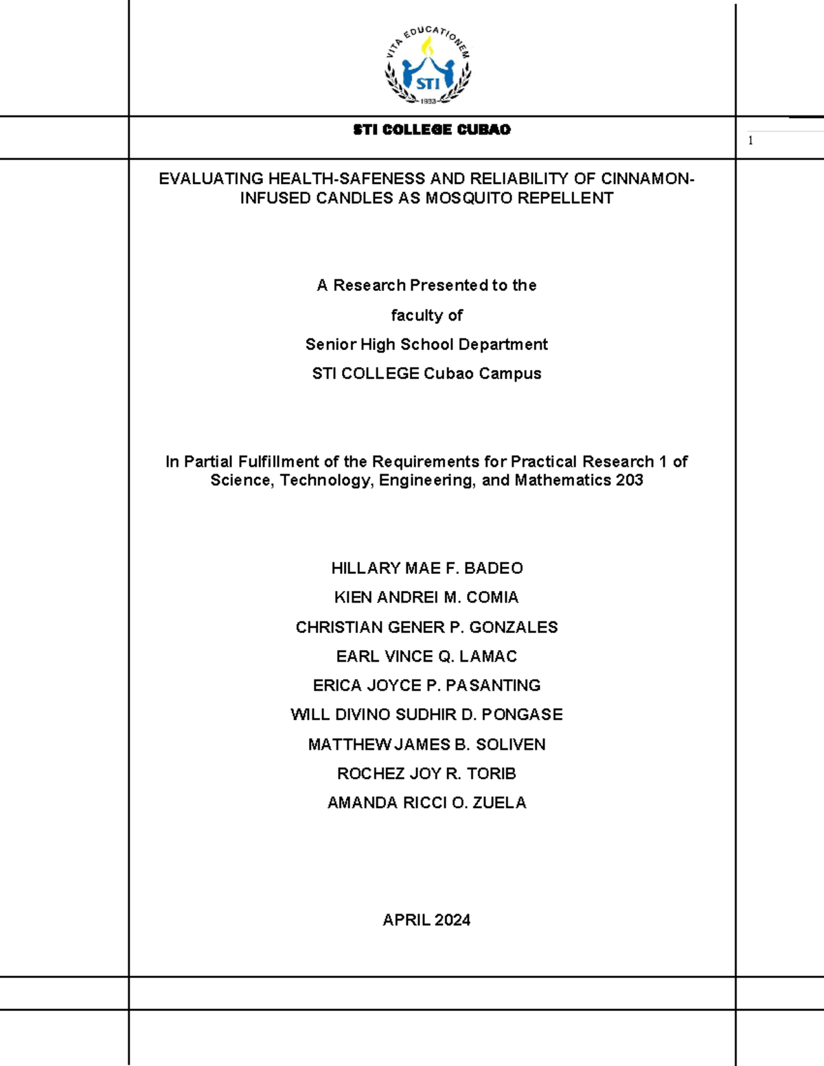 Evaluation of Cinnamon-Infused Candles as Mosquito Repellent (PRACT RESEARCH 1) - Studocu