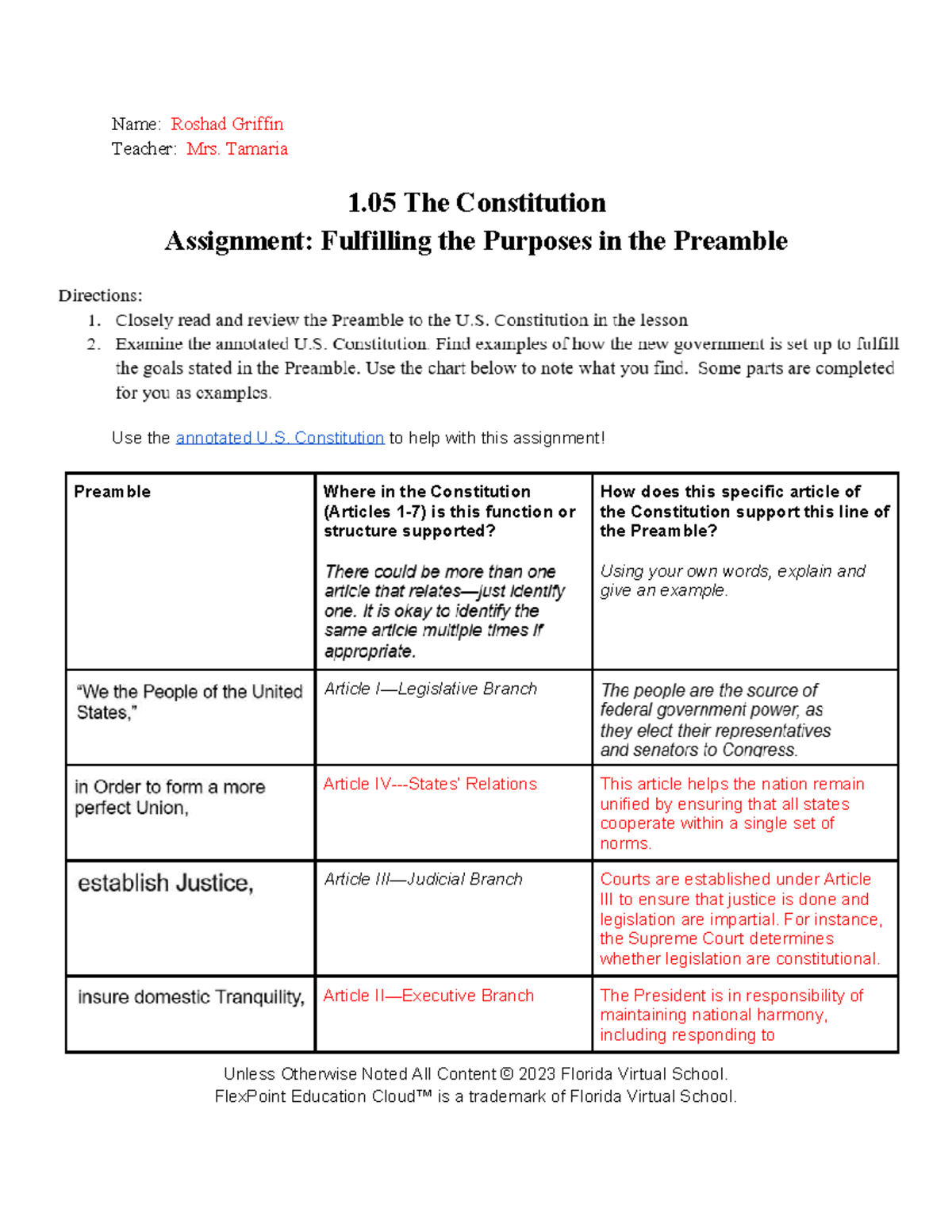 Revised 1.05 The Constitution Assignment: Analyzing the Preamble - Studocu