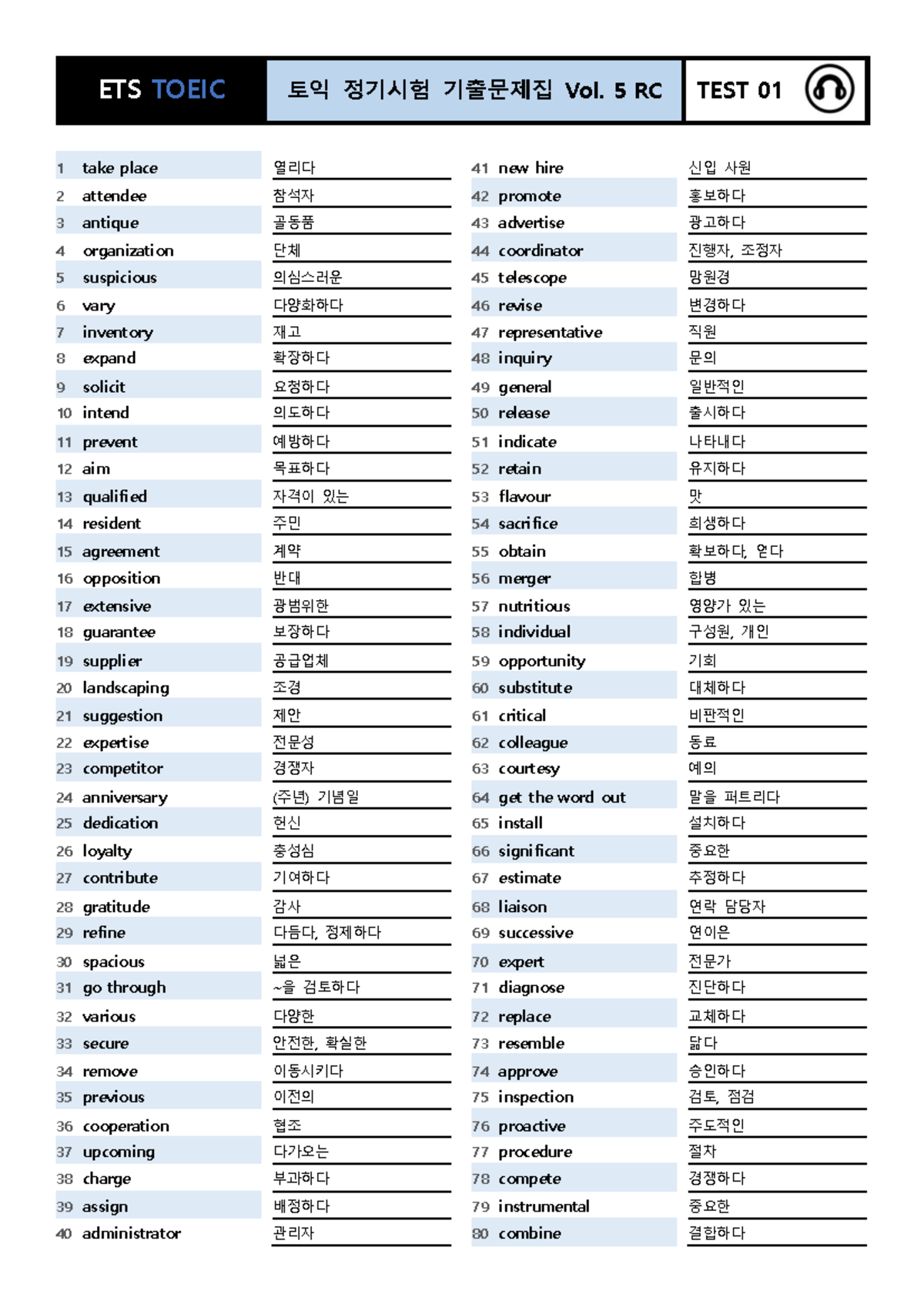 ETS TOEIC 토익 정기시험 기출문제집 Vol. 5 RC 단어장 - Studocu