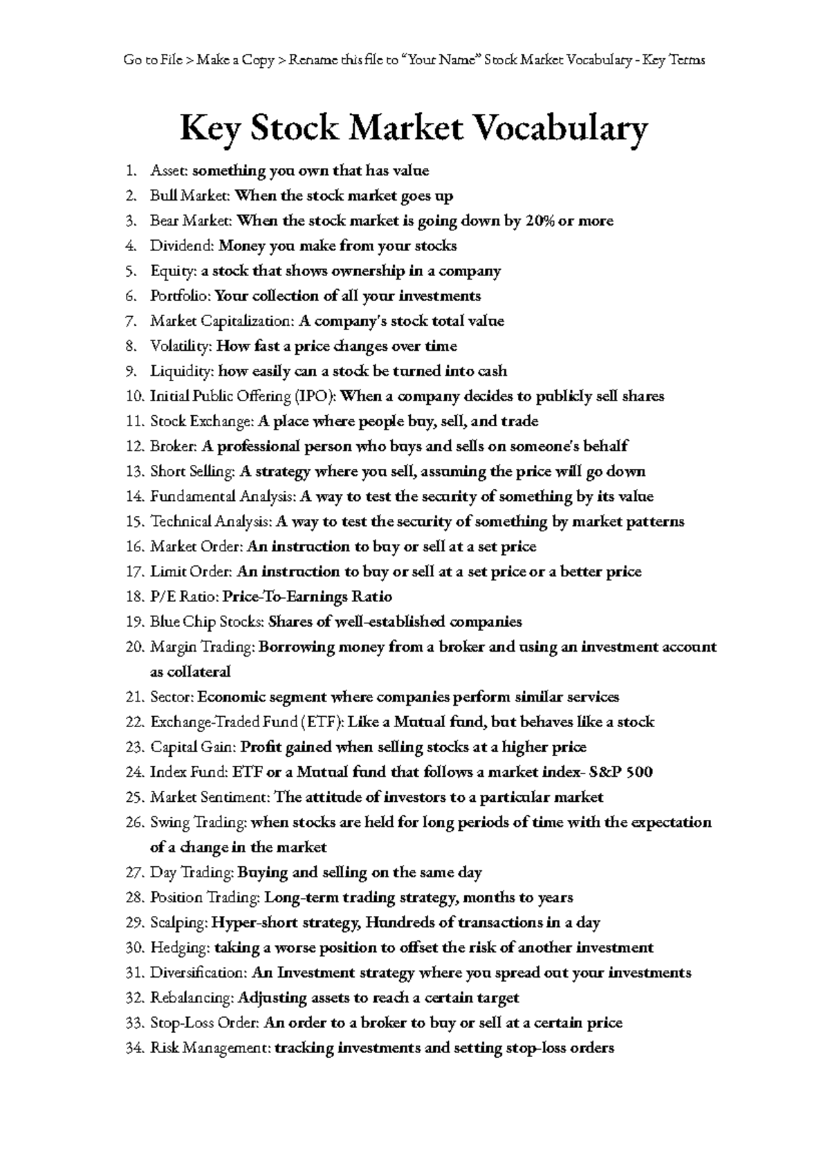 Stock Market Vocabulary - Key Terms (FIN 101) - Studocu