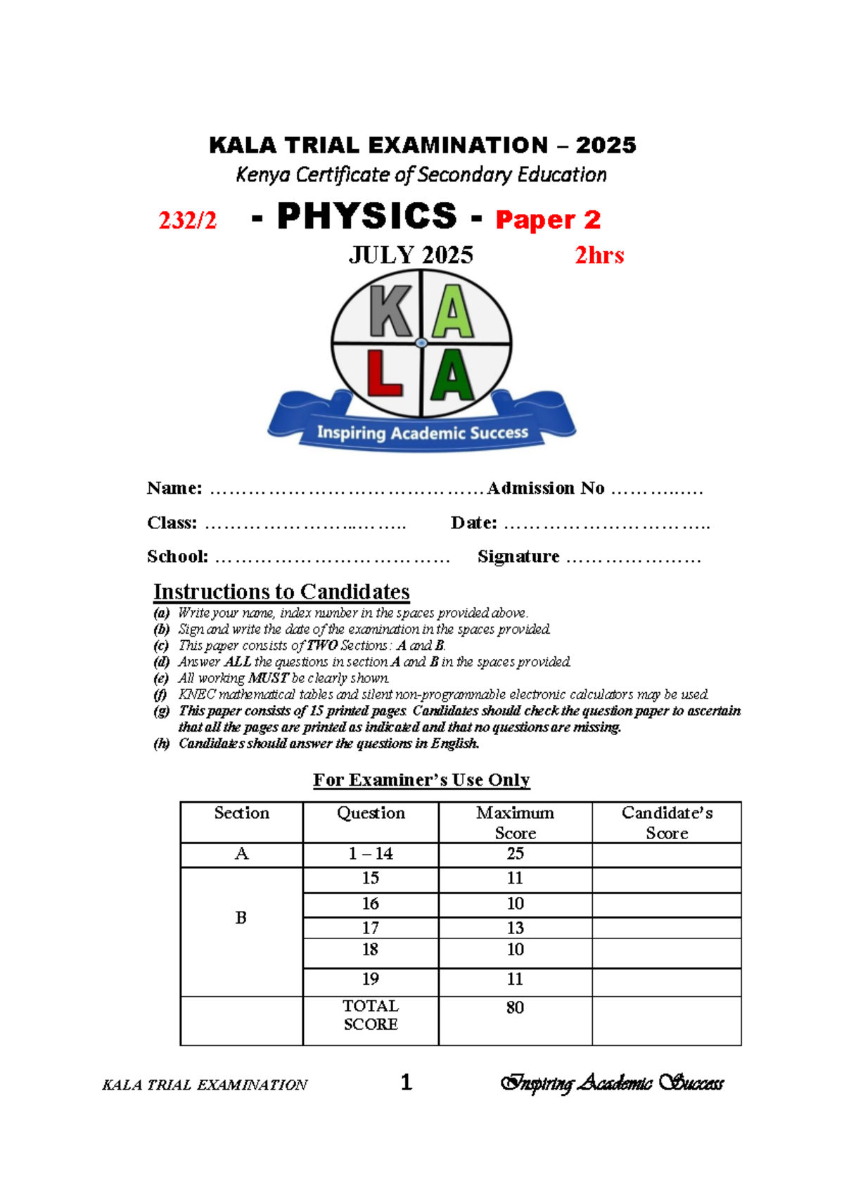 KALA TRIAL EXAM 2025 KCSE PHYSICS Paper 2 - July 2025 - Studocu