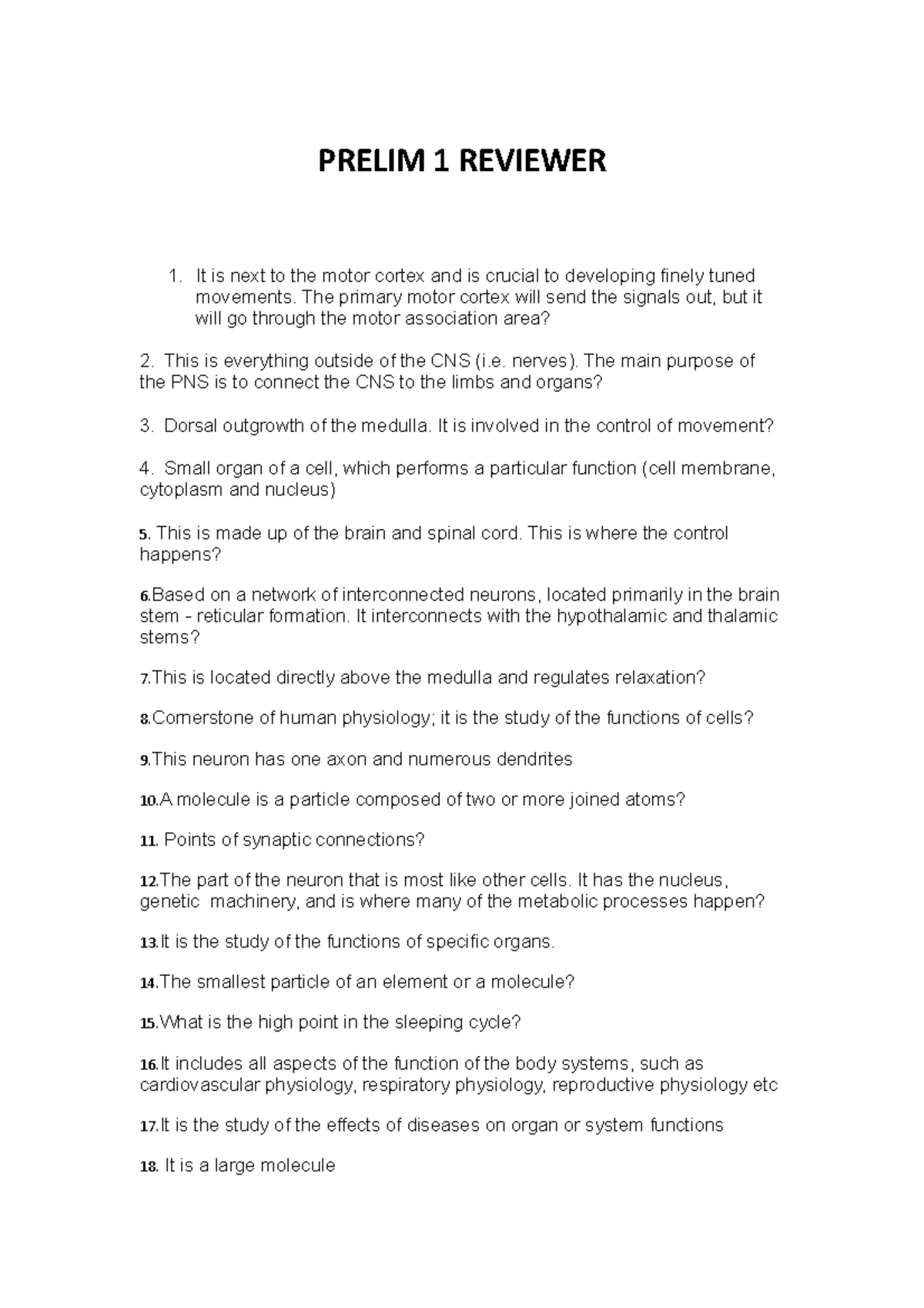 Prelim 1 Reviewer for Human Physiology Concepts and Functions - Studocu