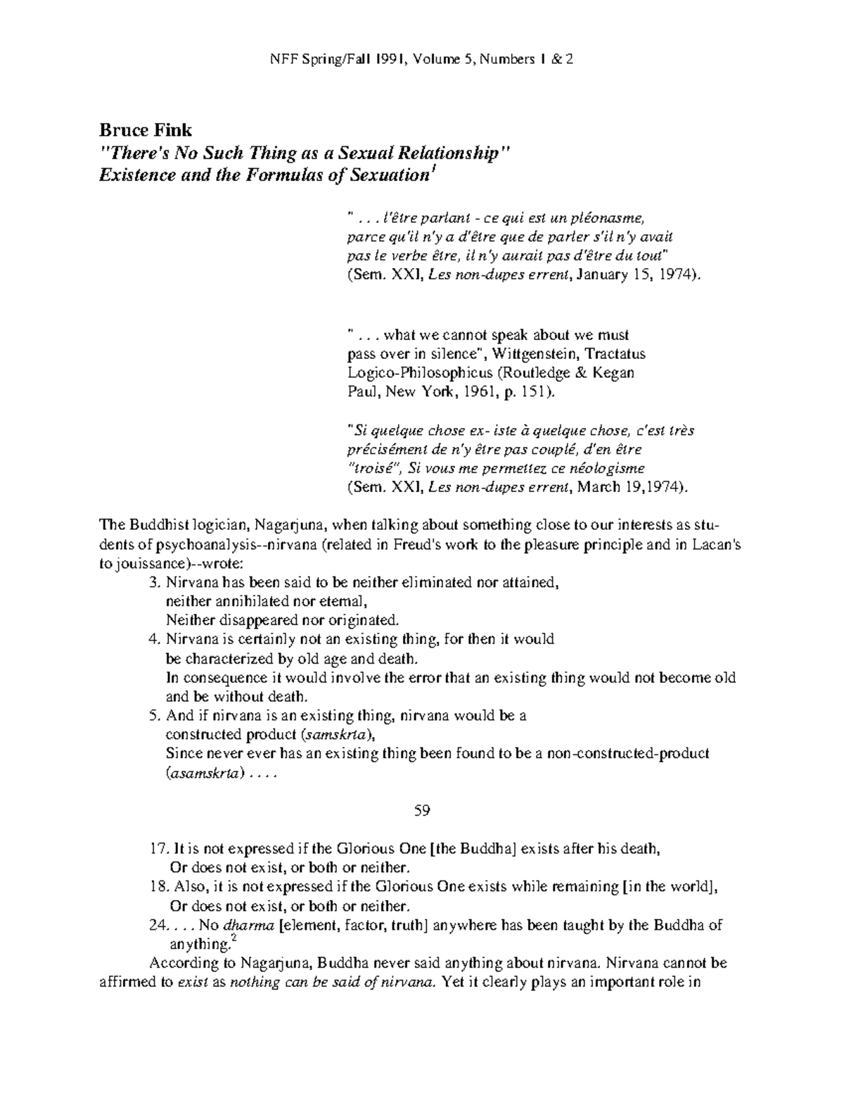 NFF 1991: Bruce Fink on Sexual Existence and Sexuation Formulas - Studocu