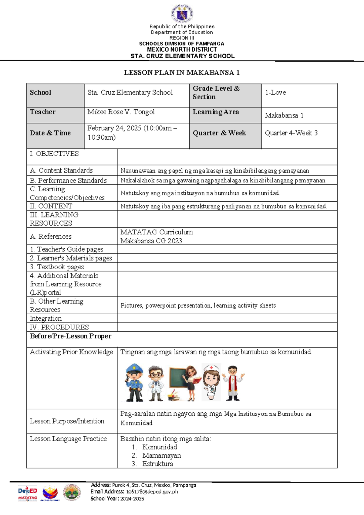 Lesson Plan in Makabansa 1 (Grade 1-Love) - Q4 W3 - Studocu