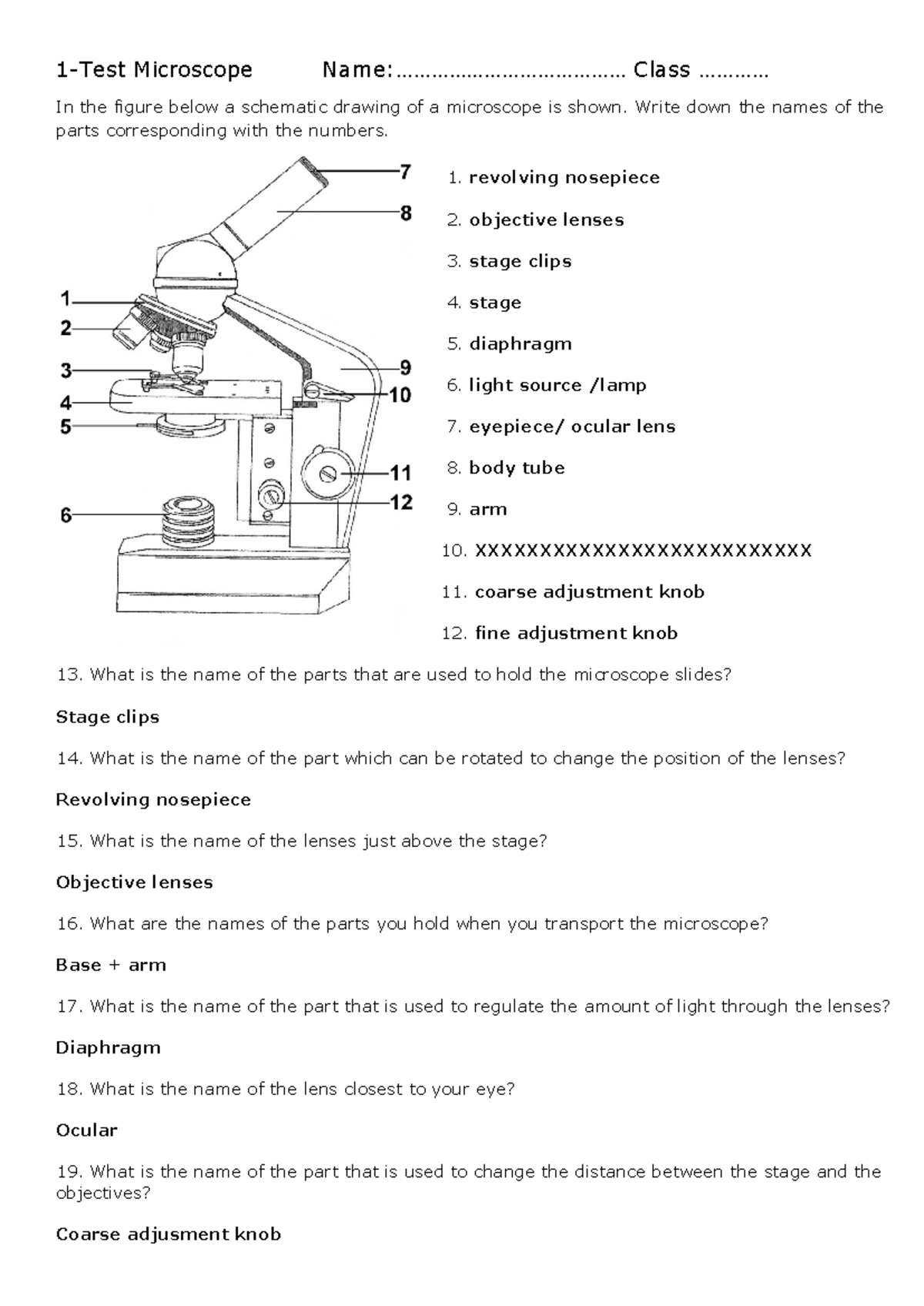 1-Test Microscope Quiz with Answers and Diagrams - Studeersnel
