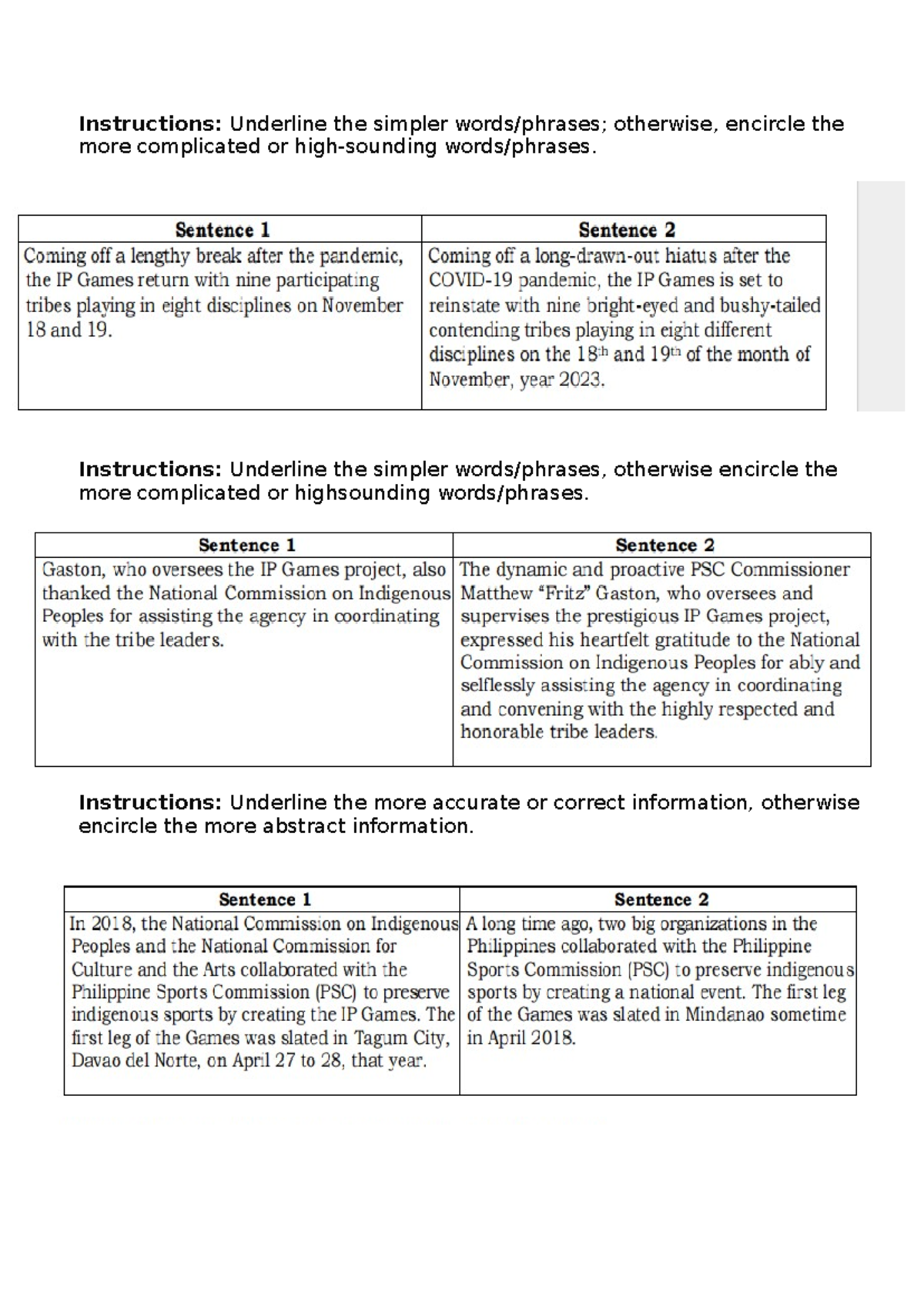 Week 4 activity - Education - Instructions: Underline the simpler words ...