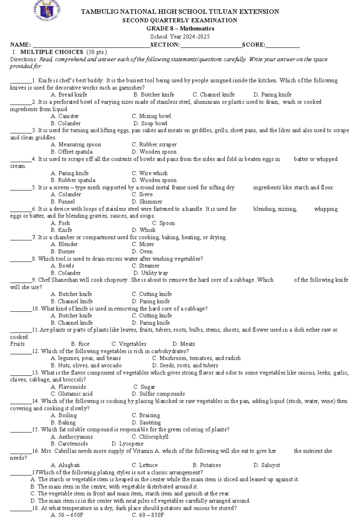 2ND PT Cookery 10 - 2nd Quarterly Exam Study Notes - Studocu
