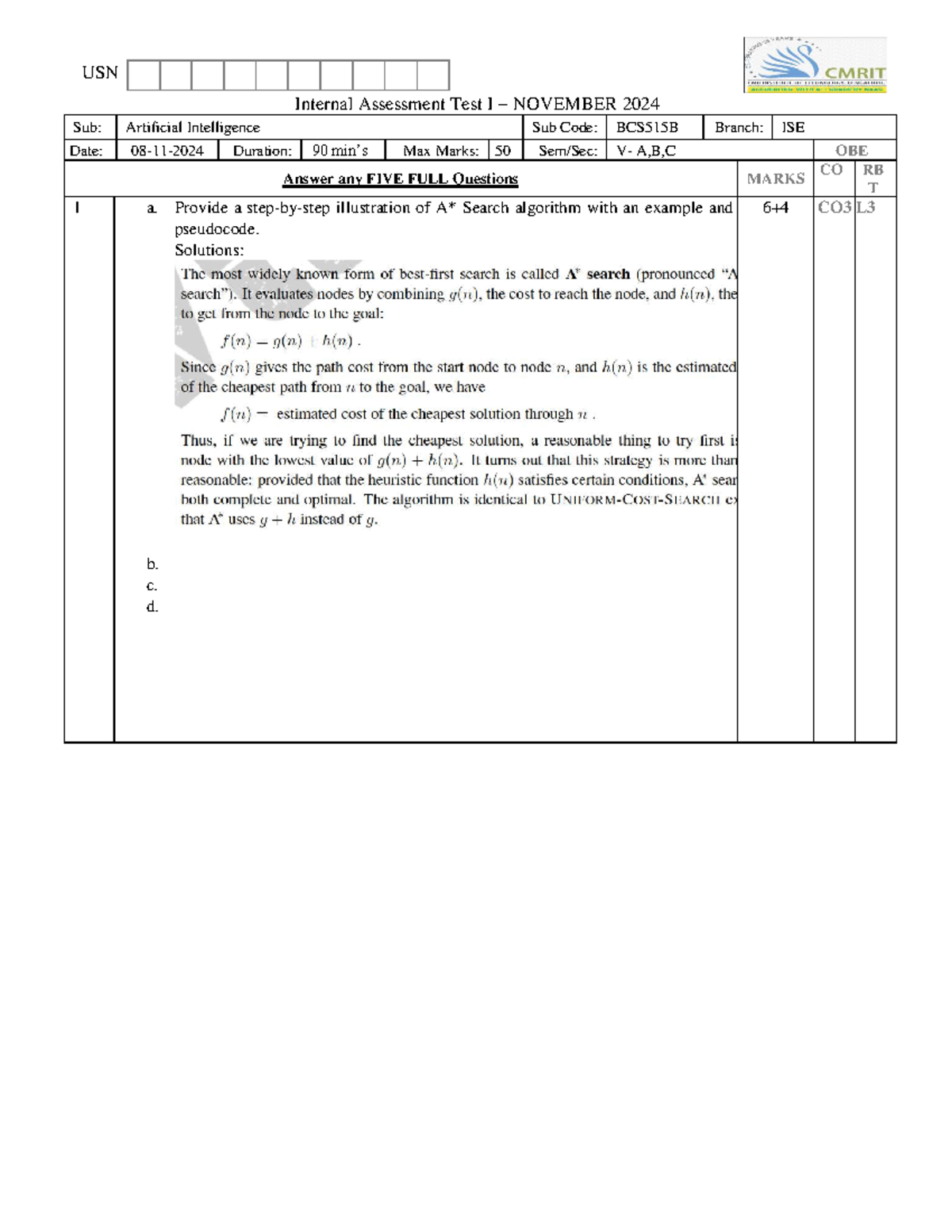 IAT-II Question Paper & Solutions for BCS515B AI Dec 2024 - Studocu