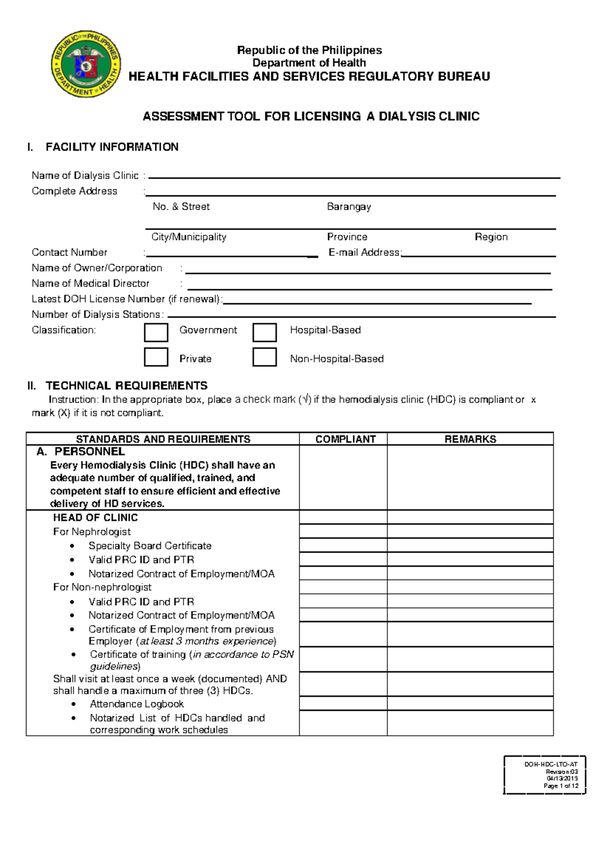 Assessment Tool for Licensing a Dialysis Clinic (DOH-HDC-LTO-AT) - Studocu