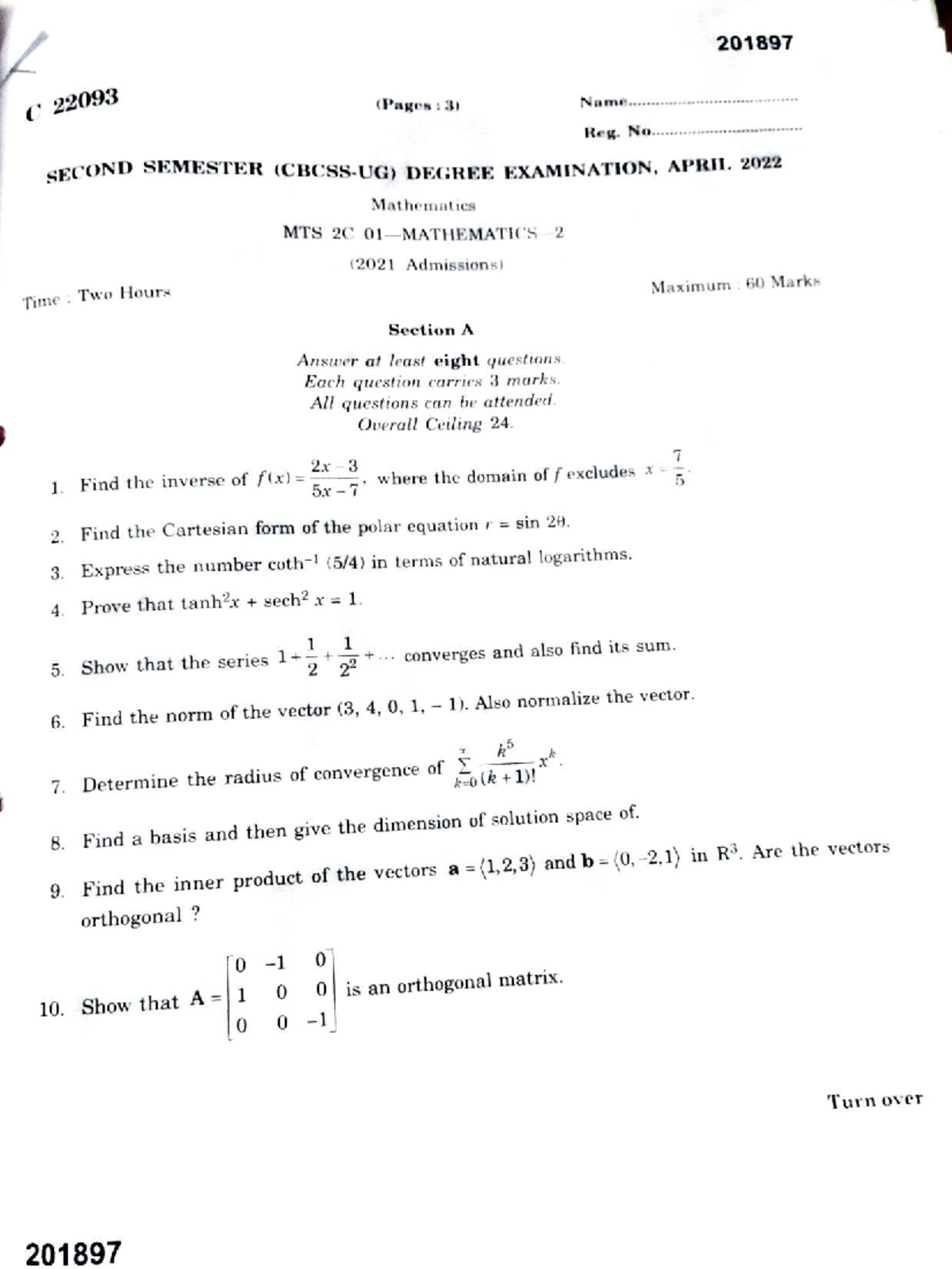 C 22093 April 2022 - Mathematics Second Semester Exam Questions - Studocu