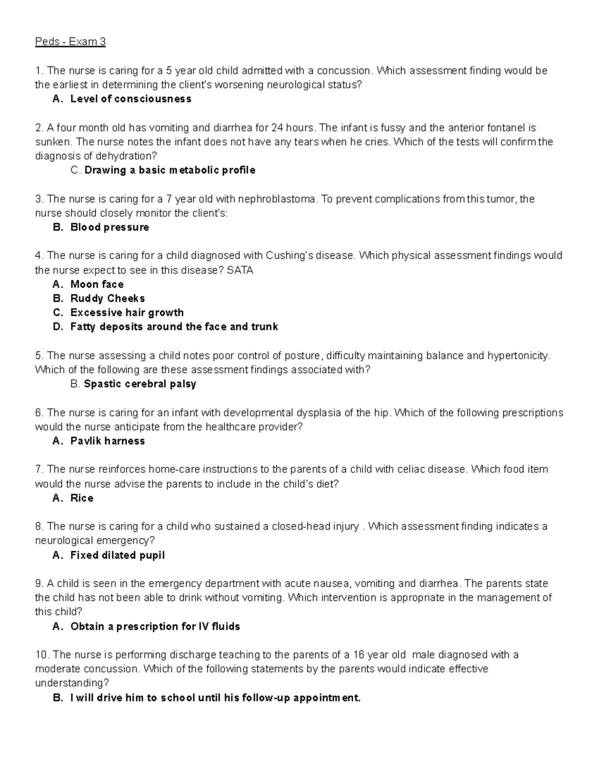 Peds - Exam 3 Review: Key Concepts and Nursing Considerations - Studocu