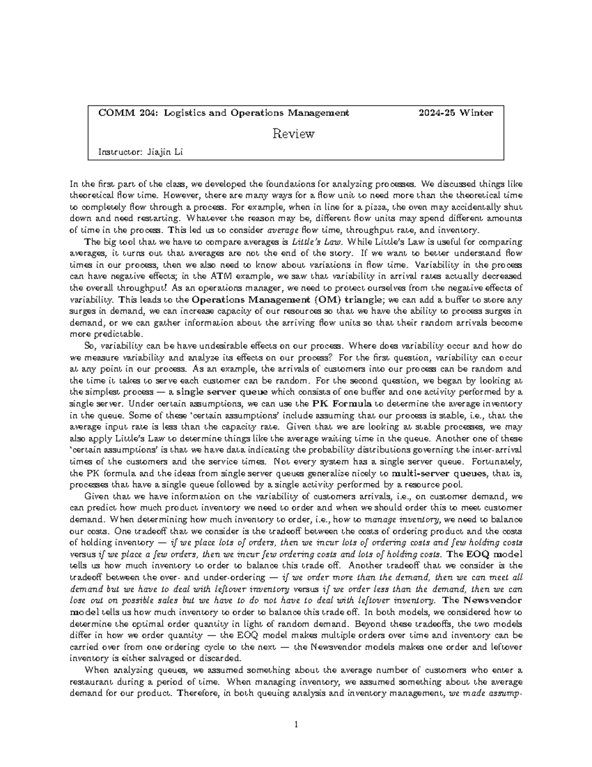 COMM 204: Logistics & Operations Management Final Review Notes - Studocu