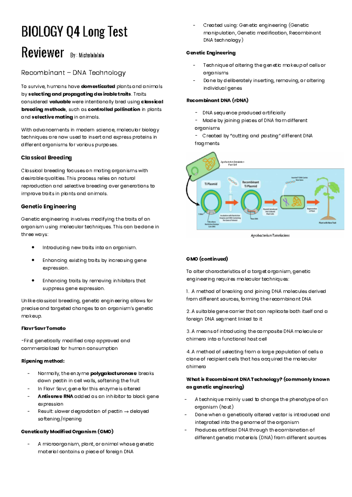 BIOLOGY Q4 Long Test Reviewer: Genetic Engineering & rDNA Technology ...