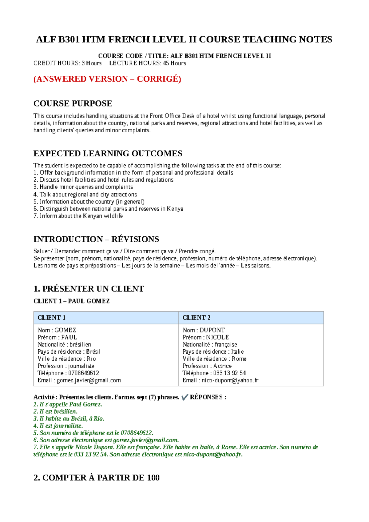 ALF B301 HTM French Level II Teaching Notes and Answers - Studocu