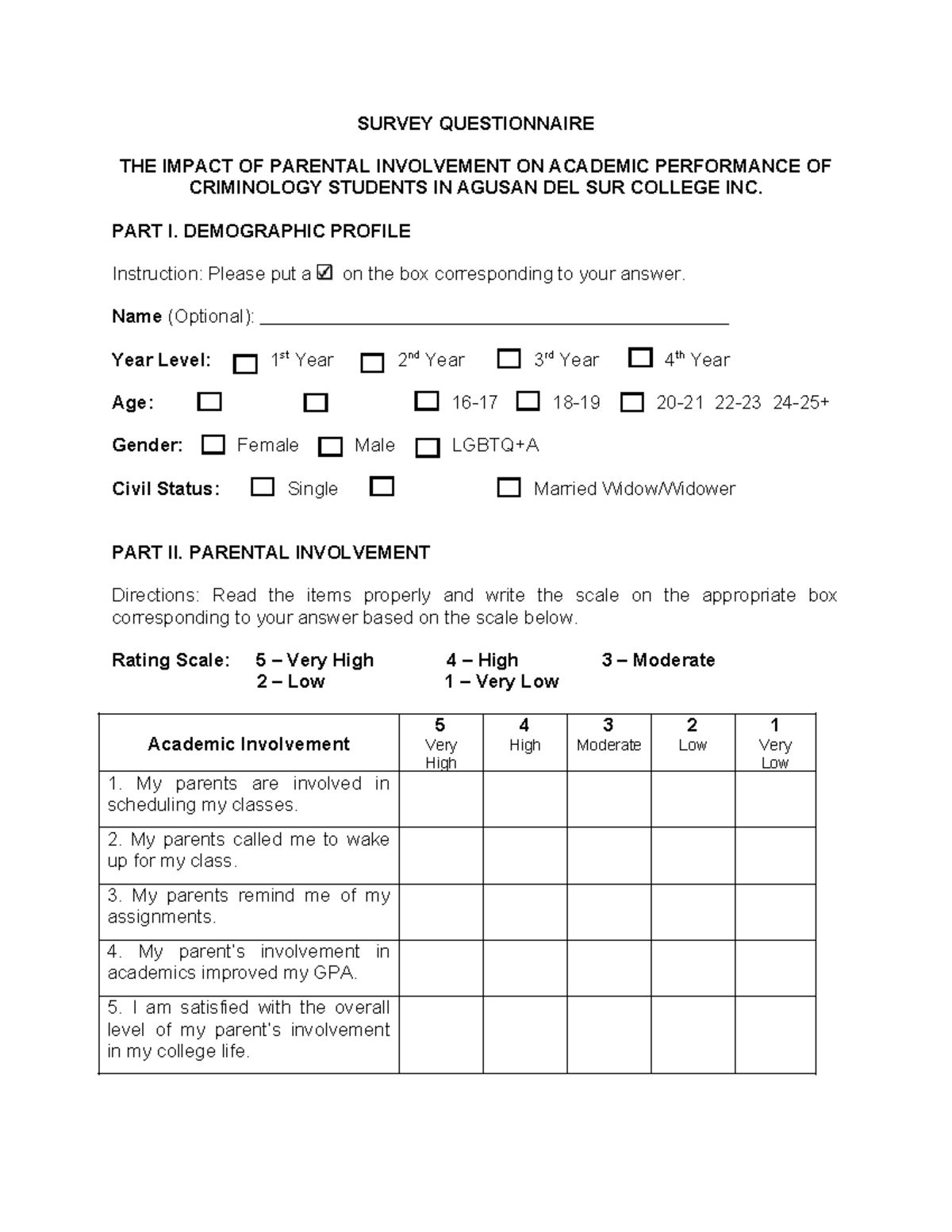 Survey Questionnaire: Impact of Parental Involvement on Criminology ...
