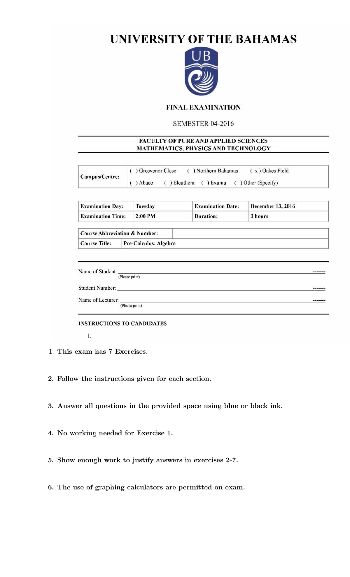 MATH167 Final Exam Review - Past Exam for Pre-Calculus 042016 - Studocu