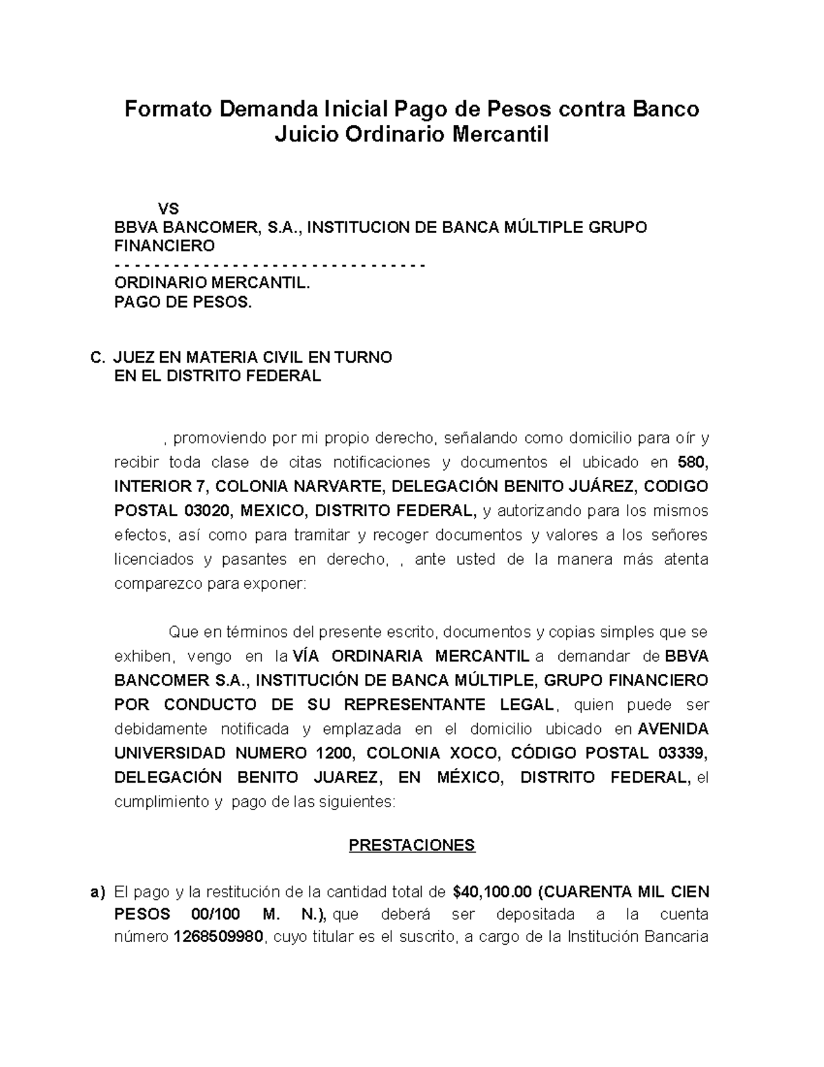 Formato de Demanda Inicial: Juicio Ordinario Mercantil contra BBVA ...