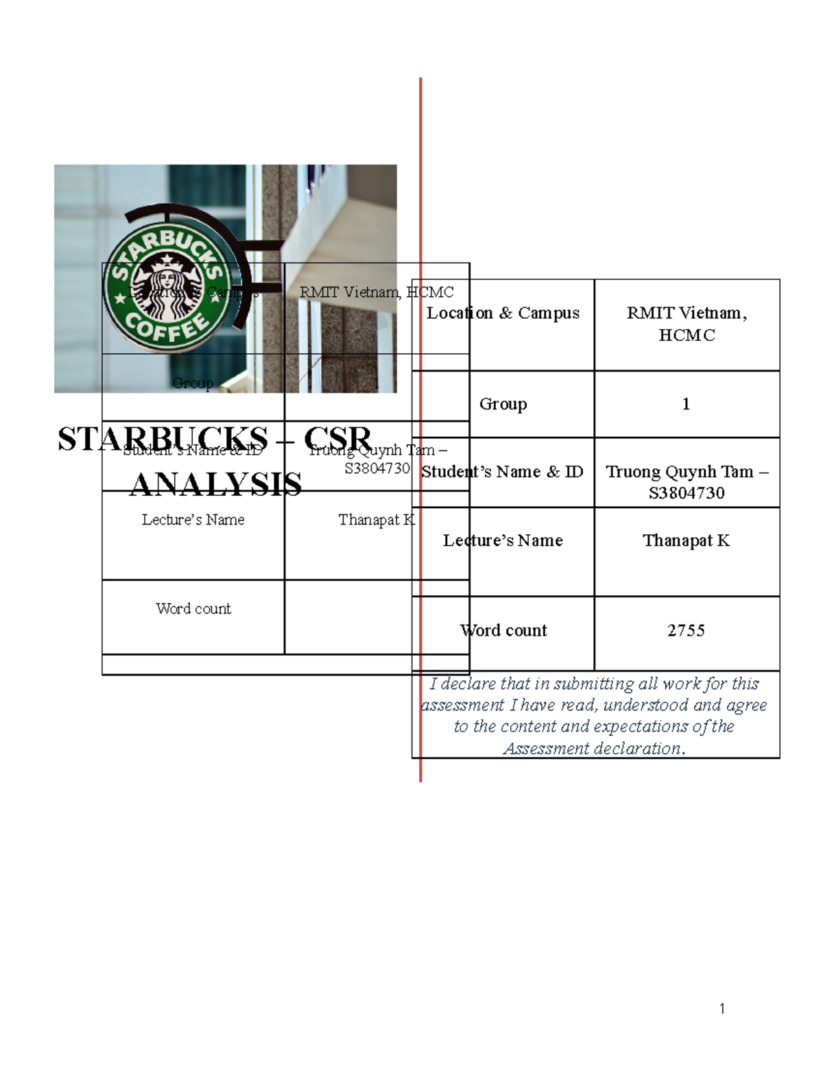 Starbucks Company CSR Analysis - Assignment S3804730 - Studocu