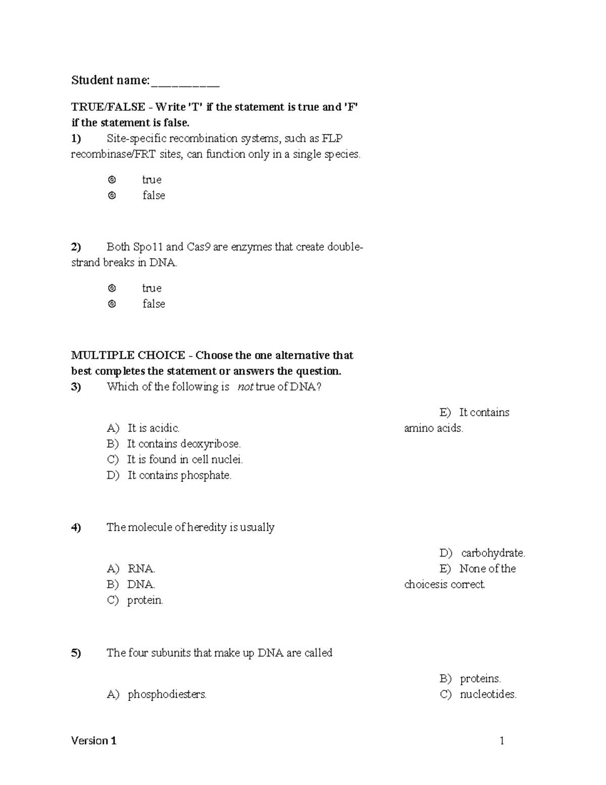 Genetics Test Bank: Hartwell 6 Version 1 - True/False & MCQs - Studocu